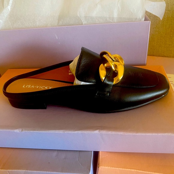 Lisa Vicky | Shoes | Lisa Vicky Black Mules With Gold Chain | Poshmark